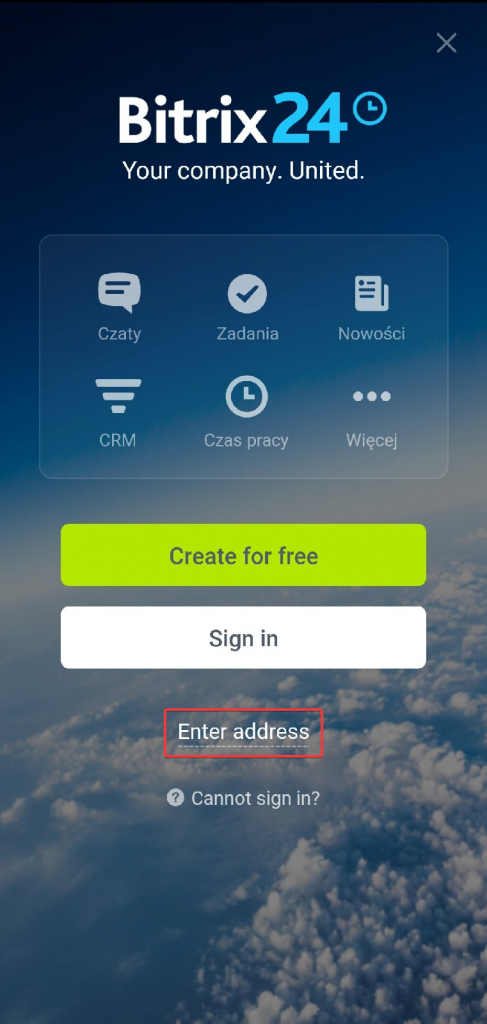 Użyj adresu w aplikacji mobilnej, aby zalogować się do Bitrix24